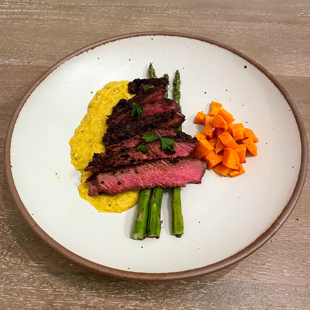 Coffee Rub Bison Sirloin with Corn Coulis – Benjamin Lee Bison